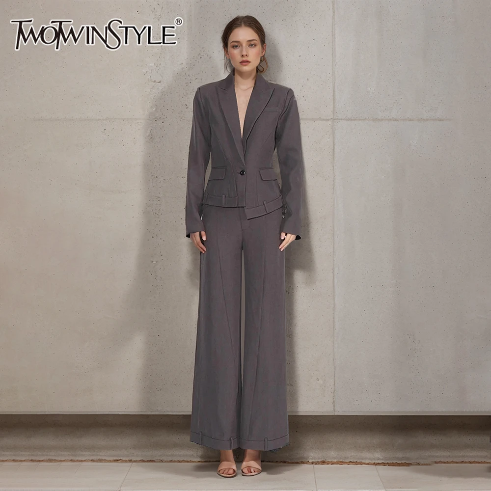 TWOTWINSTYLE-Solid-Two-Piece-Set-For-Women-Notched-Collar-Long-Sleeve ...