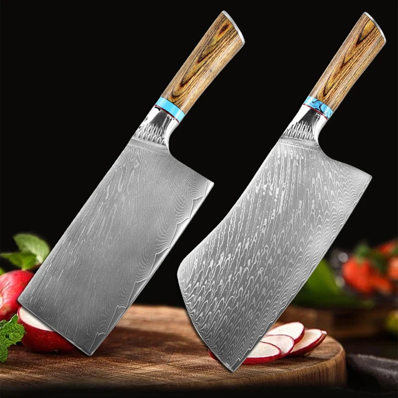 Damascus Steel Cleaver Chinese Kitchen Slicer Bone Chopping Knife ...