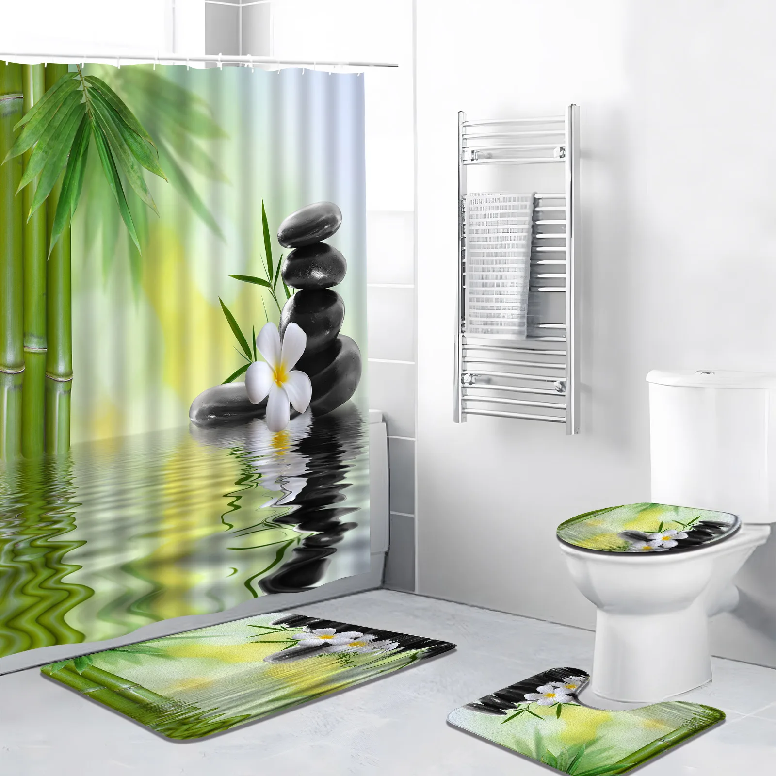 4pcs-Set-Zen-Shower-Curtain-Spa-Landscape-Stone-Green-Bamboo-Flowers ...