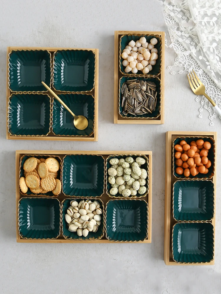 Multi Grid Snack Storage Trays Ceramic Snack Dish with Bamboo Tray ...
