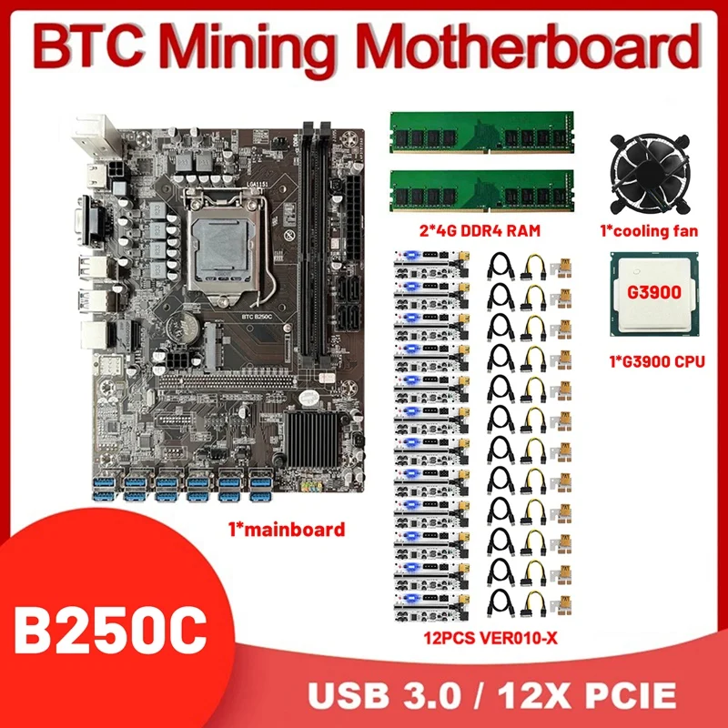 Placa base de minería B250C 12USB3.0 BTC + CPU G3900 + RAM 2X4G DDR4 ...