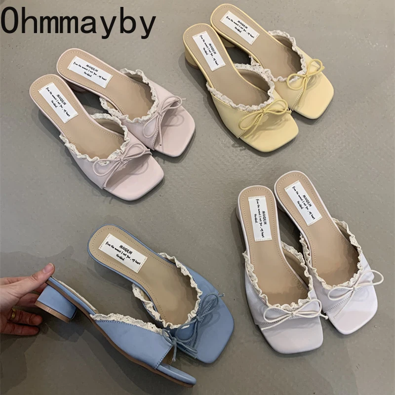 Designer Summer Butterfly-knot Lace Women Slippers Casual Thick Low ...