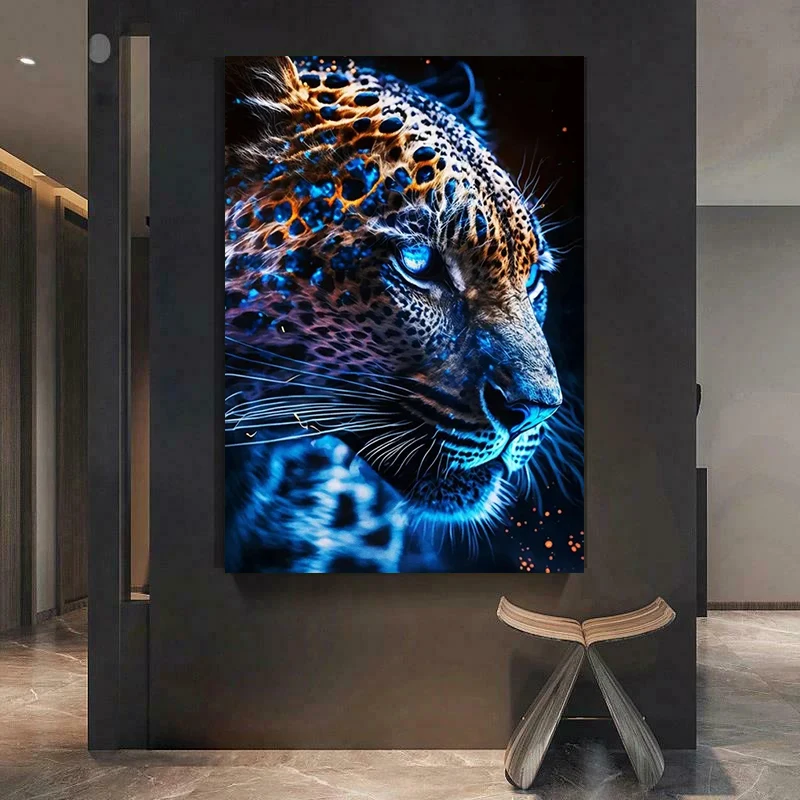 Resumo-animal-leopardo-cartaz-e-impress-o-efeito-de-luz-neon-pintura-da ...