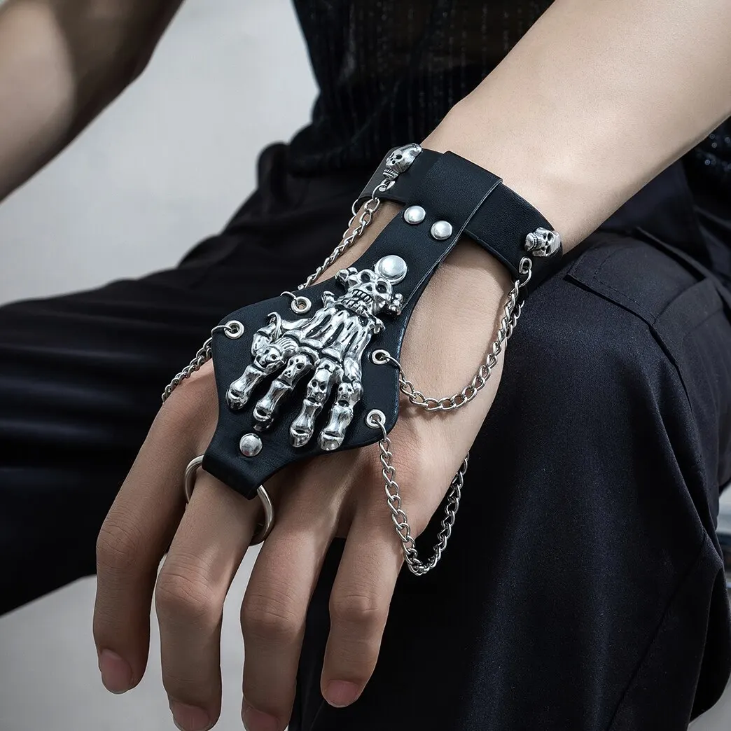 Goth-Black-PU-Leather-Skull-Finger-Wrist-Chains-Rings-Bracelets-Women ...