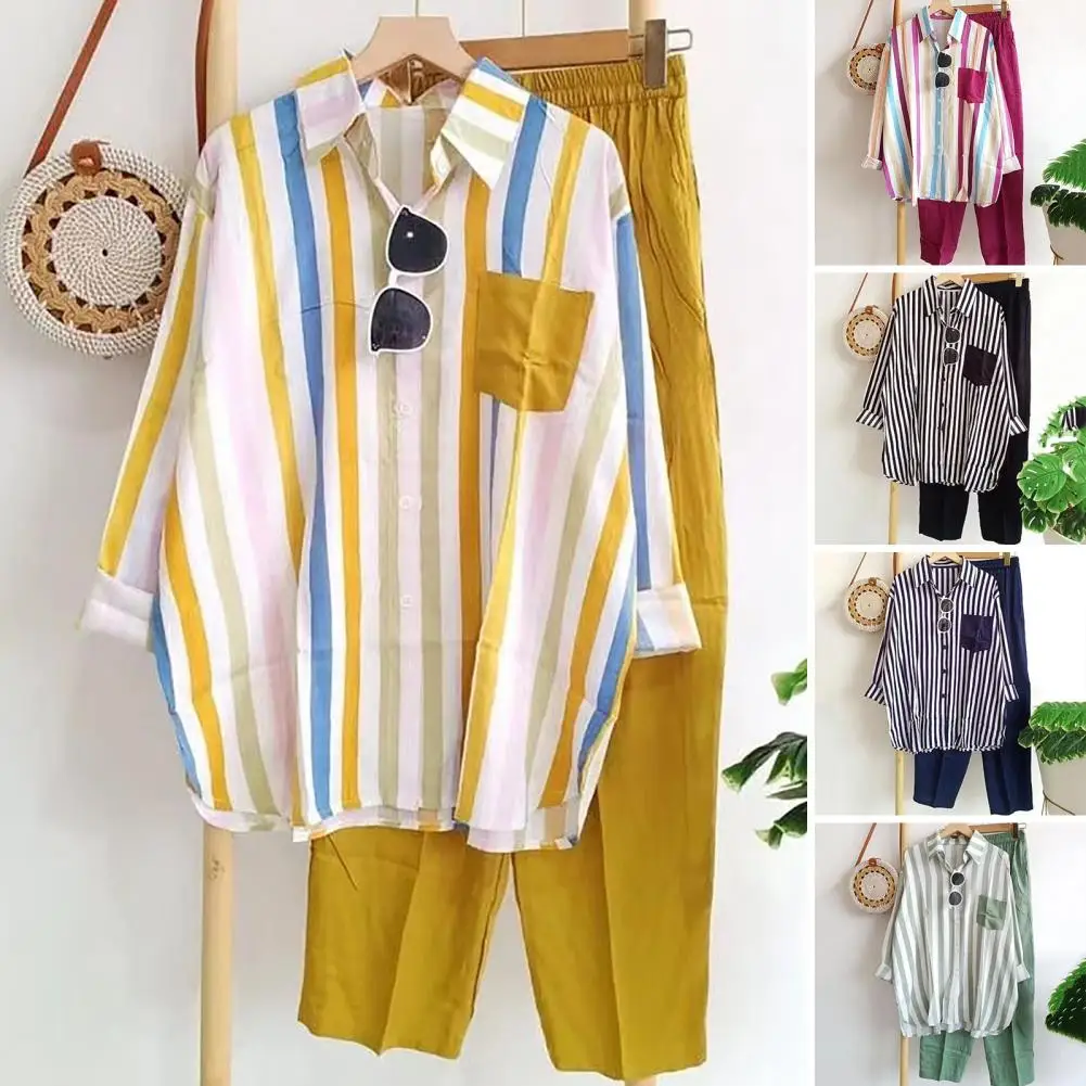 2Pcs-Set-Shirt-Pants-Set-Long-Sleeve-Casual-Blouse-Pants-Suit-Elastic ...