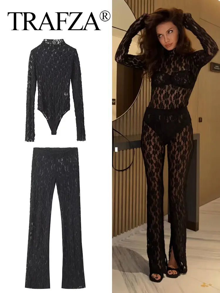 TRAFZA-Womens-Lace-Pants-Sets-Slim-Jumpsuits-Top-High-Waist-Trousers ...