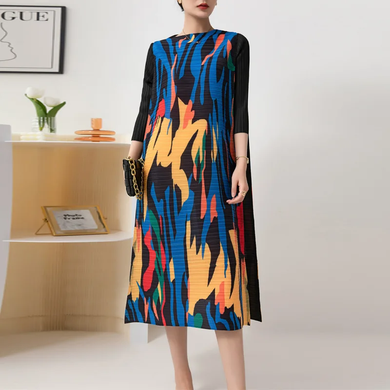 2022Spring-and-Autumn-New-Pleated-Dress-Women-s-Fashion-Temperament-Print-One-Neck-Loose-Three ...