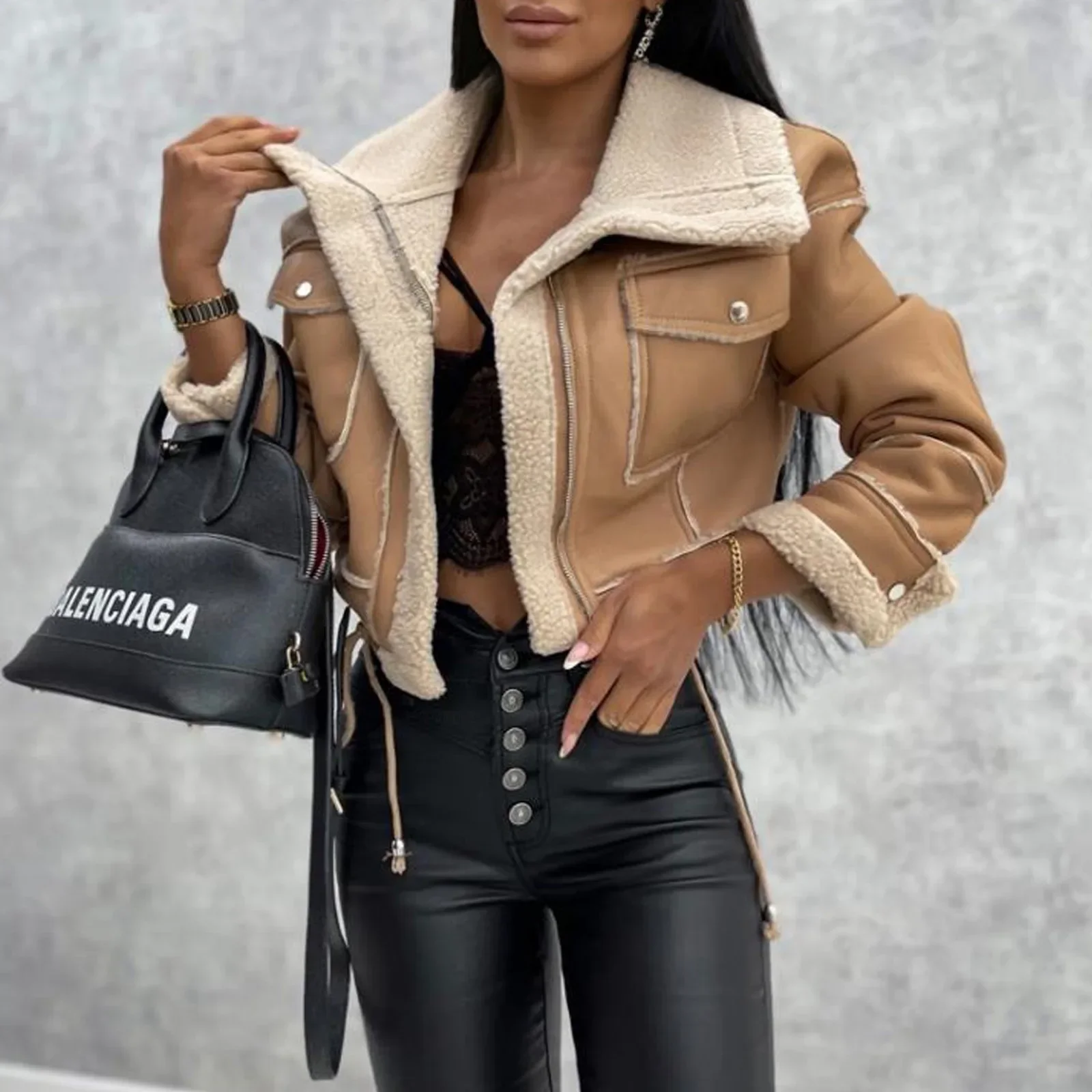 Lamb Wool Short Coat Zipper Locomotive Jacket Coats Autumn and Winter ...