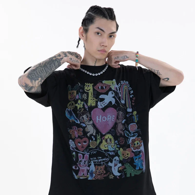 2024-Men-Oversize-T-Shirt-Hip-Hop-Streetwear-Painting-Letter-Heart ...