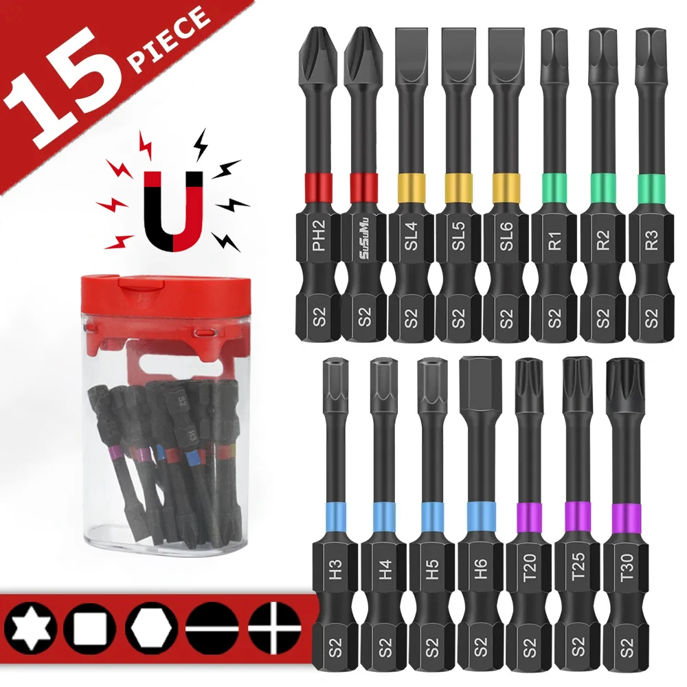 15PCS-Magnetic-Batch-Head-Impact-Strong-Electric-Screwdriver-Bit-Set ...