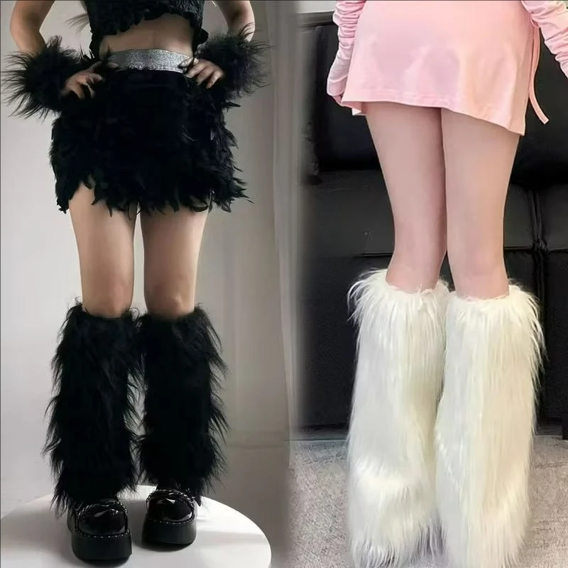 Japanese Style Women Faux Fur Leg Warmers Boot Covers Y2K Goth Solid ...