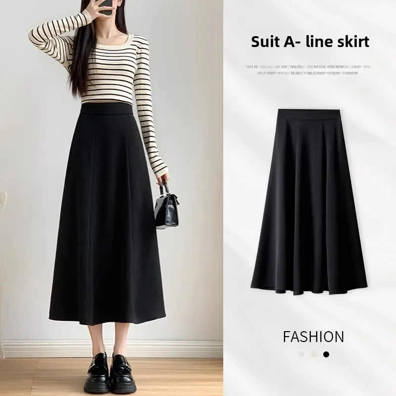 High-waisted-Slimming-Draped-Black-Suit-Skirt-Women-s-Medium-length-A ...