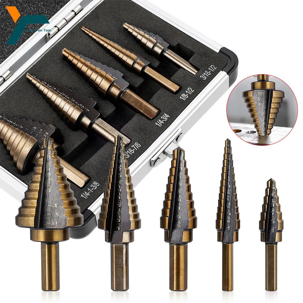 5Pcs-Step-Drill-Bit-Straight-Groove-Pagoda-Hole-Cutter-Metal-Cone-Drill ...