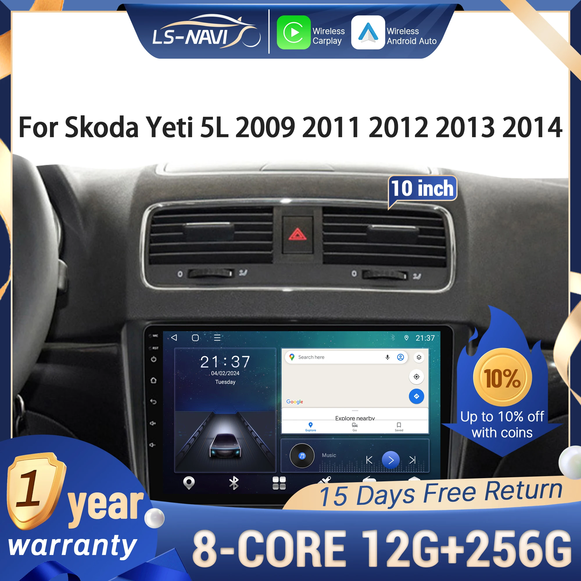 10" For Skoda Yeti 5L 2009 2011 2012 2013 2014 Android 14 Car Radio ...
