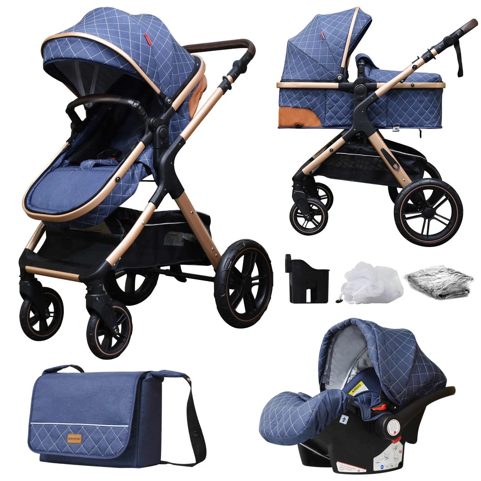 Eu Warehouse Baby Stroller 3 In 1 Pram With Bags Portable Newborn ...