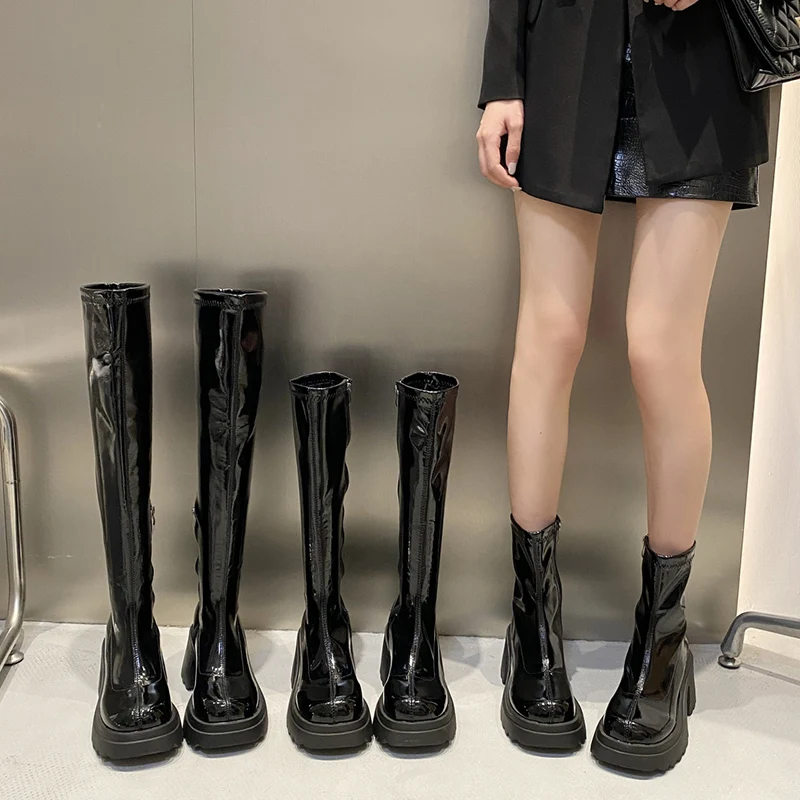 Botas-largas-de-charol-con-plataforma-gruesa-para-mujer-zapatos-Punk-de ...