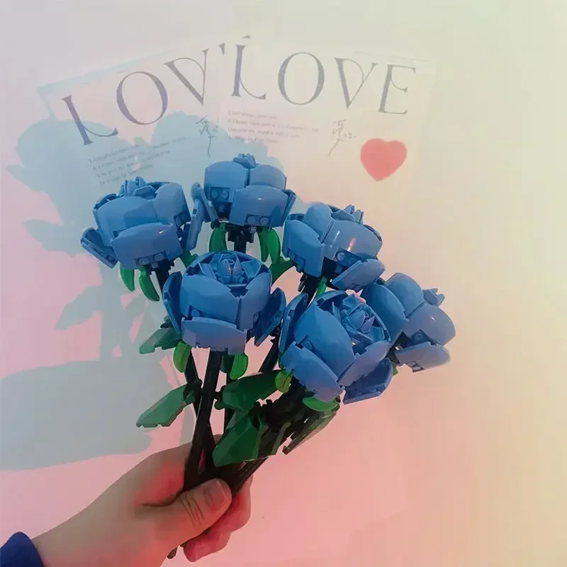 DIY-Romantic-Blue-Rose-Bouquet-Building-Blocks-Girl-Gift-Home-Plant ...