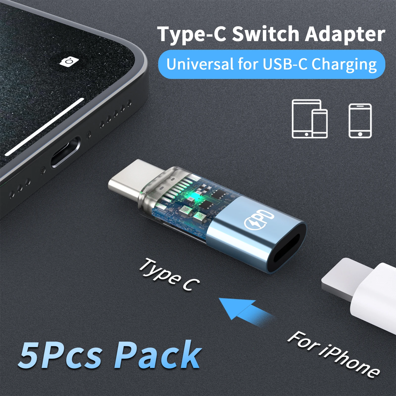 5Pcs-USBC-Male-Charger-Adapter-for-iPhone-15-Pro-Plus-8Pin-Female-Plug ...