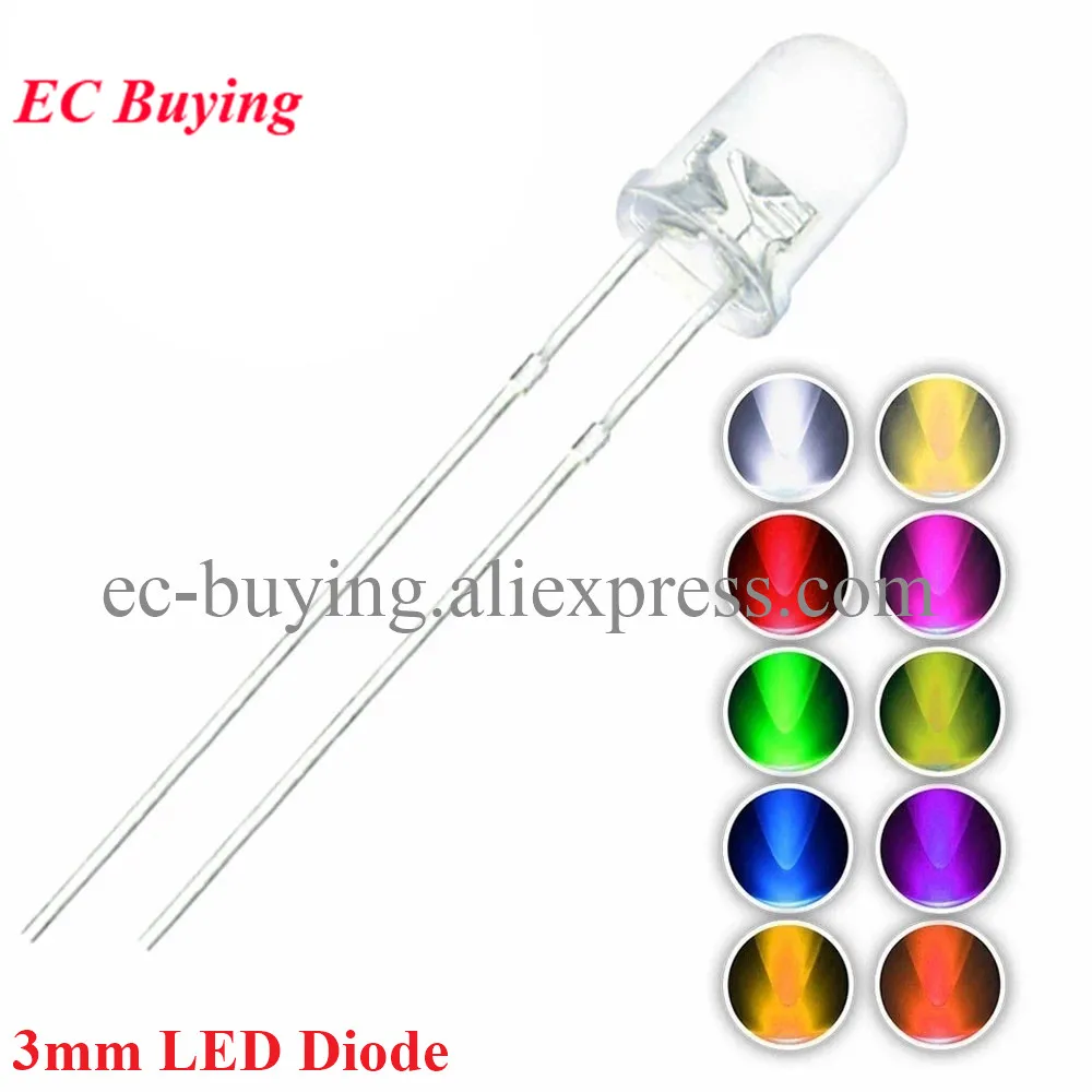 100pcs/lot F3 3mm LED Diode Ultra Bright Warm White Red Green Blue UV ...