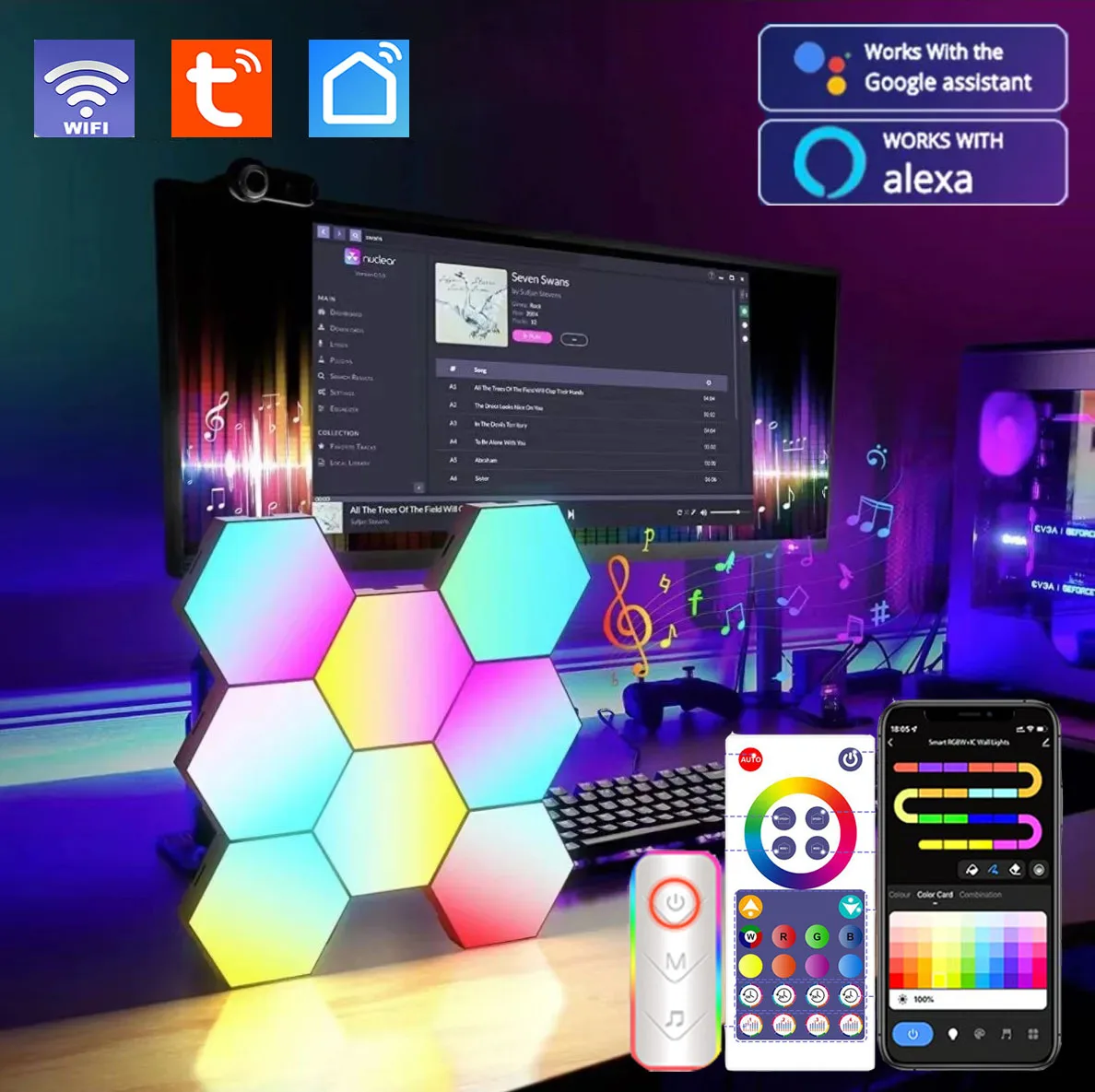 RGB-Intelligent-Hexagonal-Wall-Lamp-Color-changing-Ambient-Night-Light ...