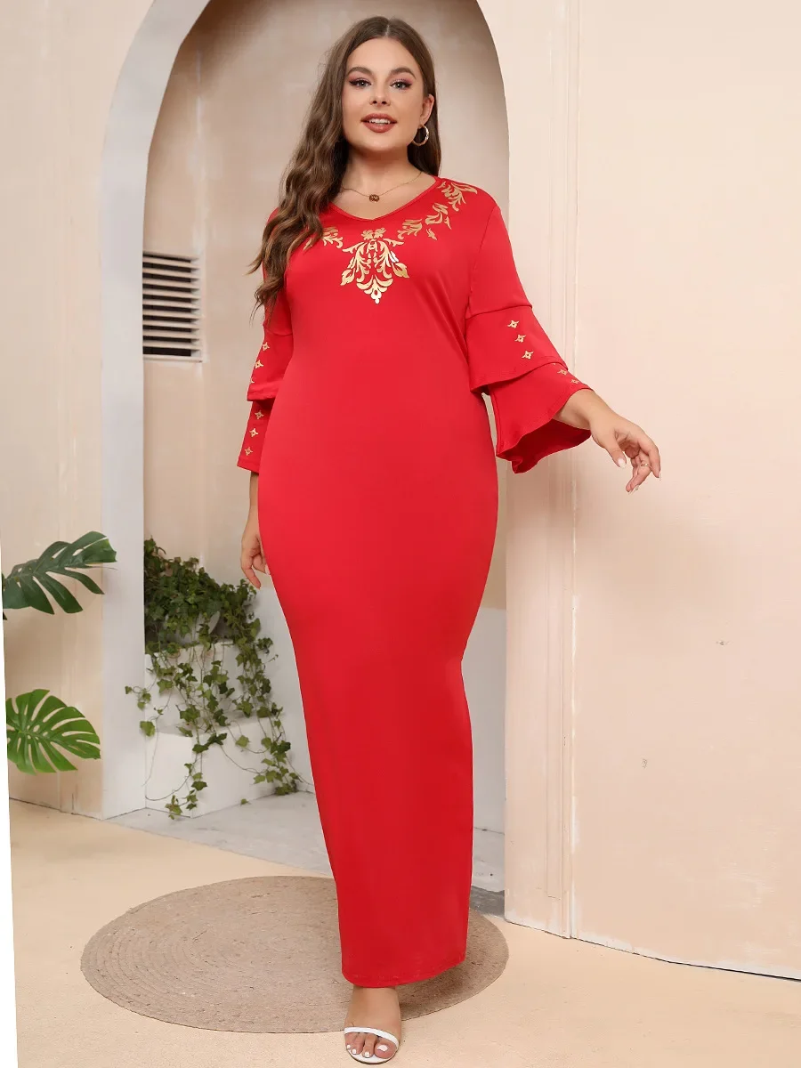 Mulheres-com-estampa-decote-V-Split-vestido-longo-em-camadas-manga ...