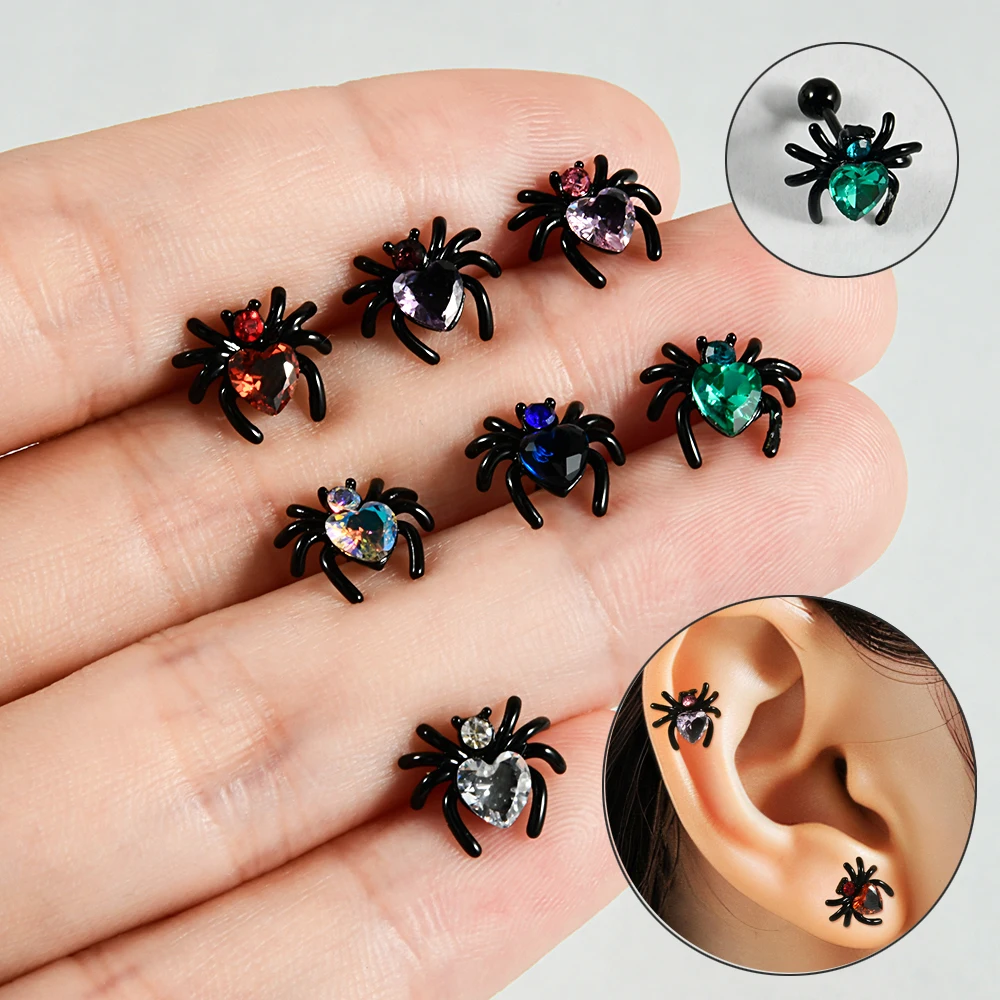1Pc Surgical Steel Black Spider Zircon Ear Helix Tragus Cartilage ...