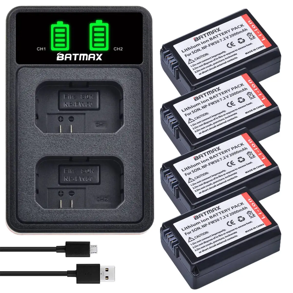 Batmax 2000mAh NP-FW50 Battery+LED Dual Charger for Sony ZV-E10L a37 A7 ...