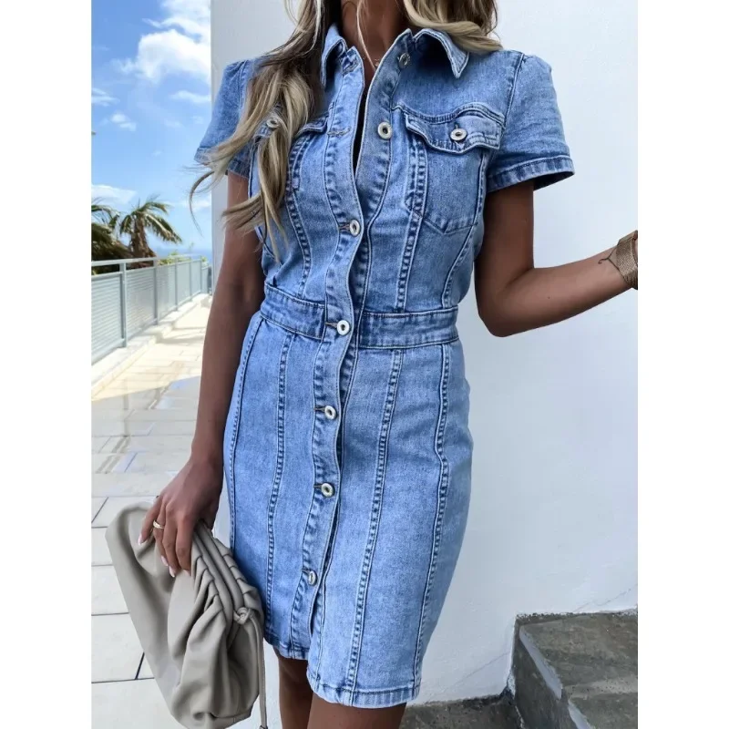 Single-Breasted-Sheath-Denim-Dress-Short-Sleeve-Trend-Stretch-Denim ...