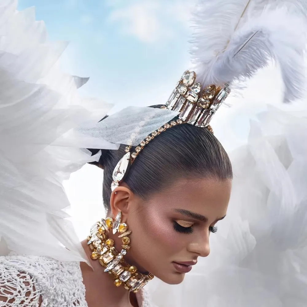 Elegant White Feather Crown Tiara Drag Queen Performance Accessories ...
