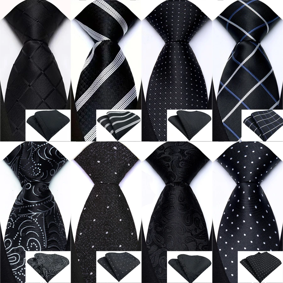 Luxury Mens Ties Black Color Neck Ties Solid Plaid Dot NeckTie Pocket ...