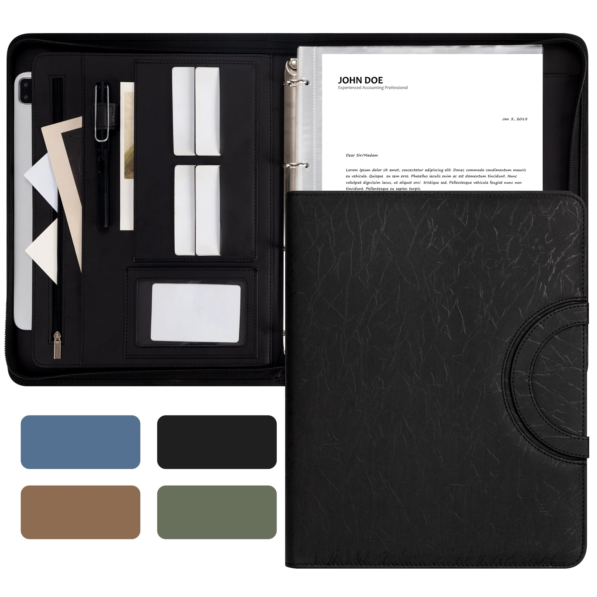 A4 4-ring Zippered Leather Padfolio Portfolio with Magnetic handheld ...