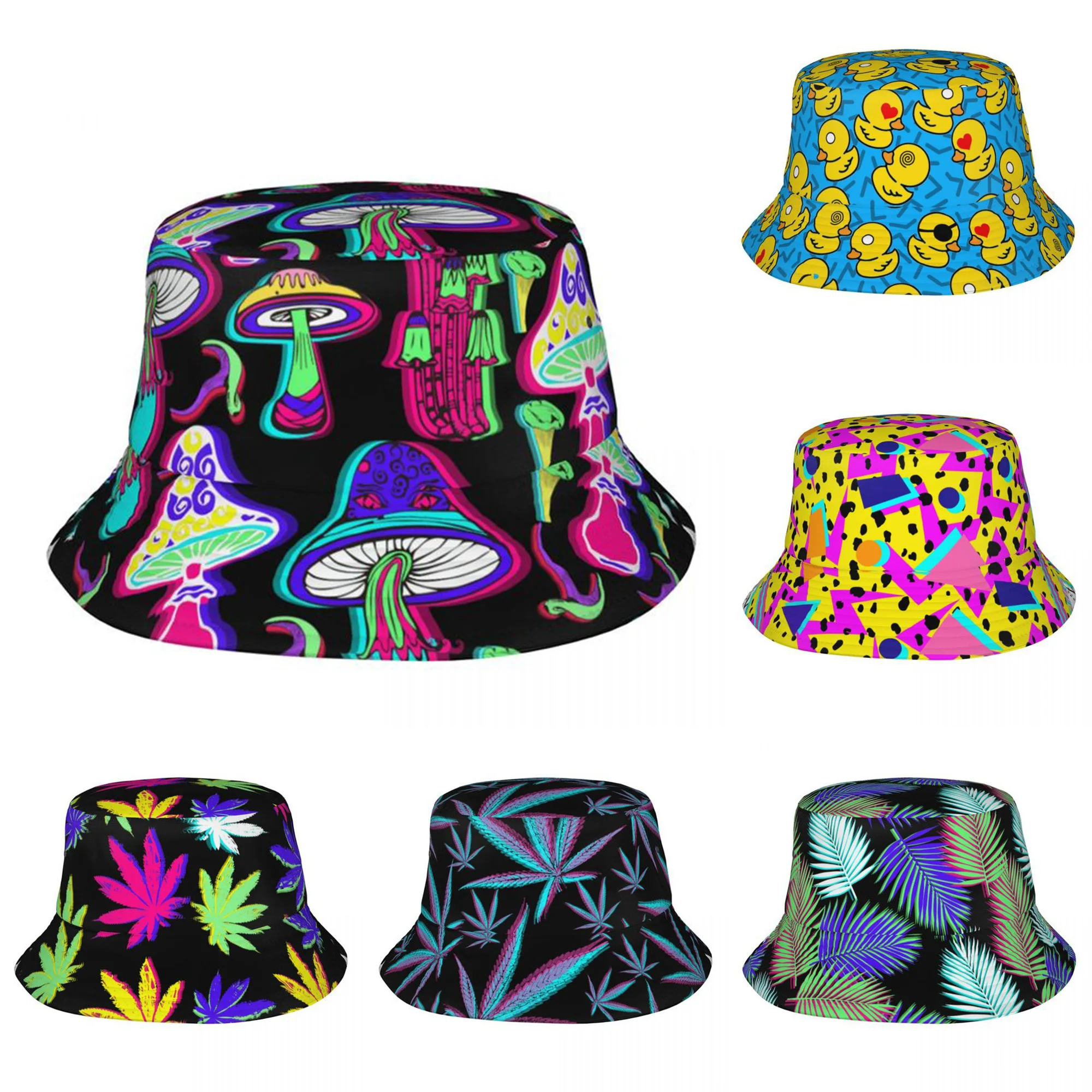 Bucket-Hat-Psychedelic-Magic-Mushrooms-80s-90s-rubber-duck-cow-leaf ...