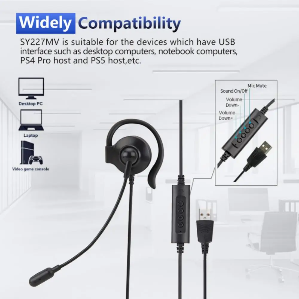 Wired-Business-Headset-With-Mic-Volume-Control-Ear-Hook-Usb-Single-Side ...