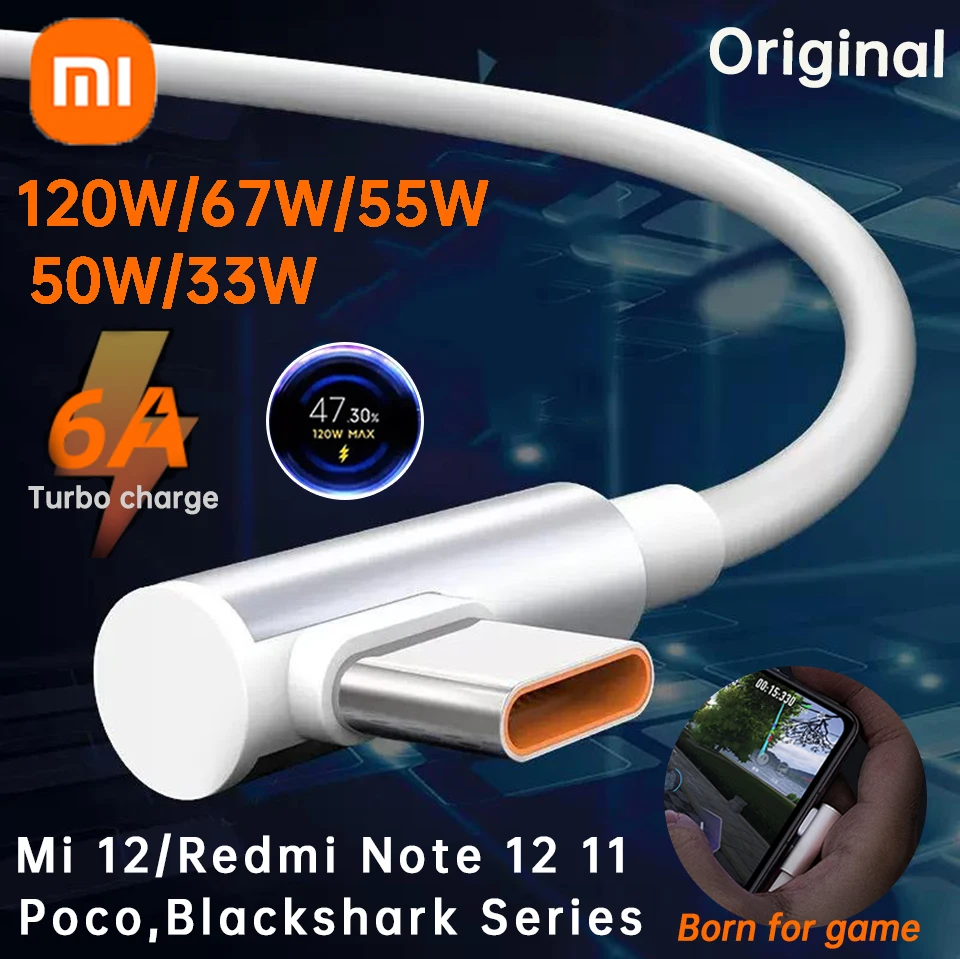 Xiaomi 120w 67w Cable Original 6A 90 Degree Type C Turbo Charge Mi 12 ...