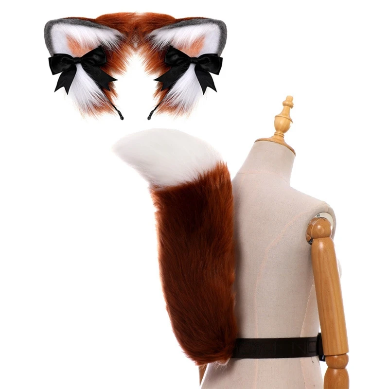 E9LC Fox Ears and Tail Set Plush Furry Animal Ears Headband Halloween ...