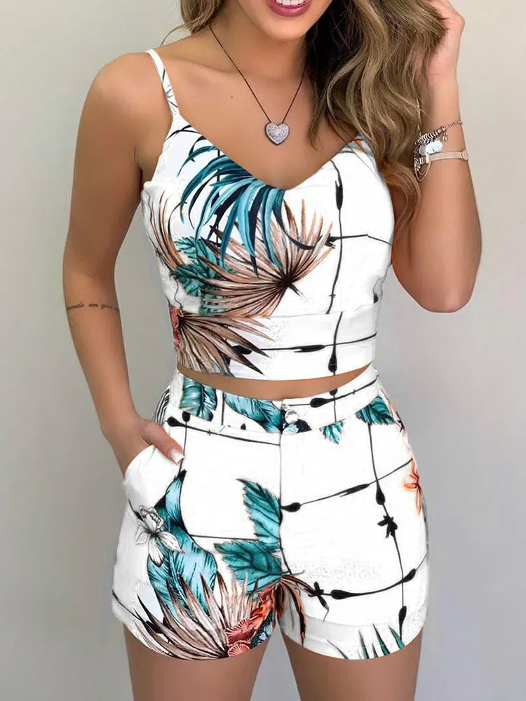 Print Spaghetti Strap Crop Top & Short Sets Casual Summer 2 Piece ...