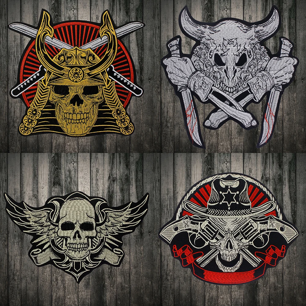 Leather Skeleton Medium American Cowboy Skull Guns Embroidered Biker ...