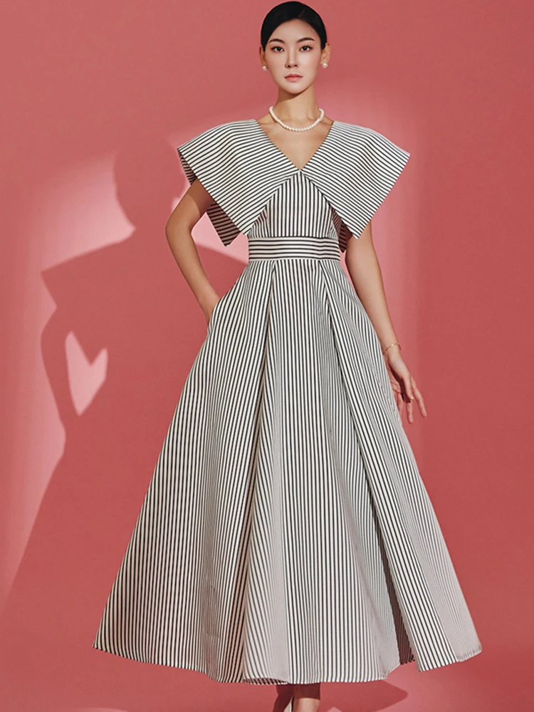 Korean-Chic-Turn-down-Collar-Striped-Sleeveless-Dress-High-Waist-Soli-A ...