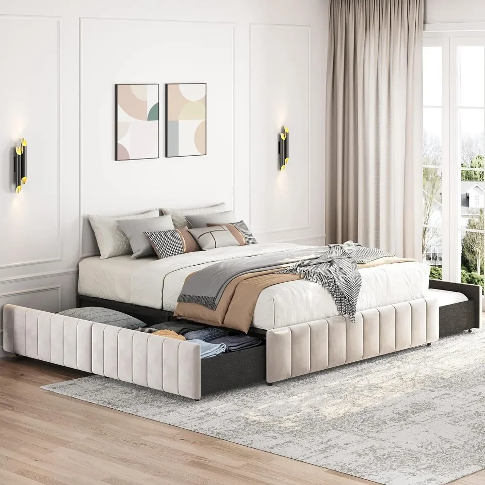 Large-bed-frame-with-soft-cushion-platform-bed-equipped-with-4-storage ...