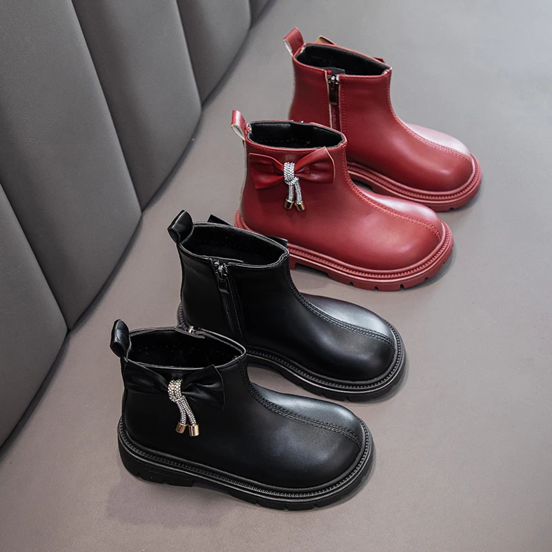 Bow-Zipper-Low-Cut-Flat-Heel-Girls-Leather-Boots-Waterproof-Non-Slip ...