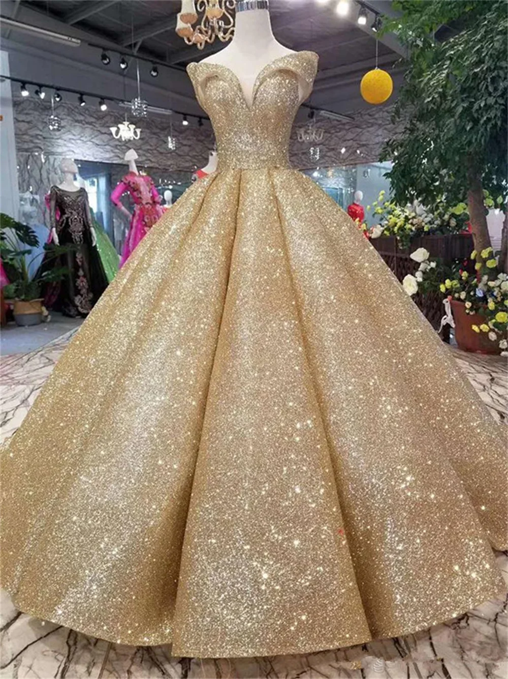 2023-New-Long-Bling-Gold-Prom-Dress-Elegant-Sequins-Ball-Gown-Off ...