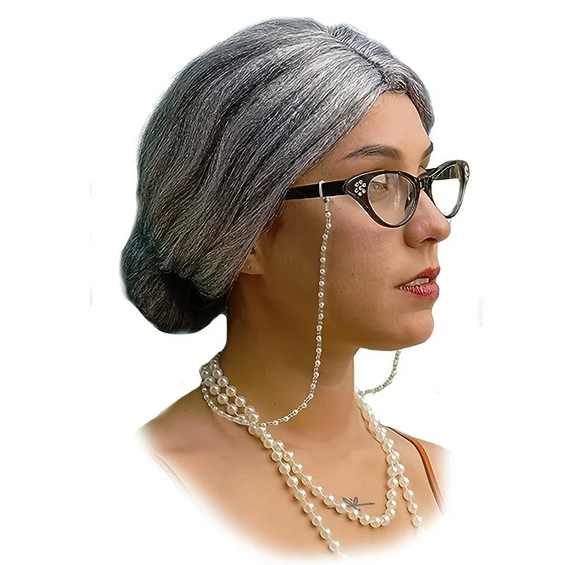 Synthetic-wig-Old-Lady-wig-Costume-Set-Gray-Hair-Granny-Wig-with-pearl ...