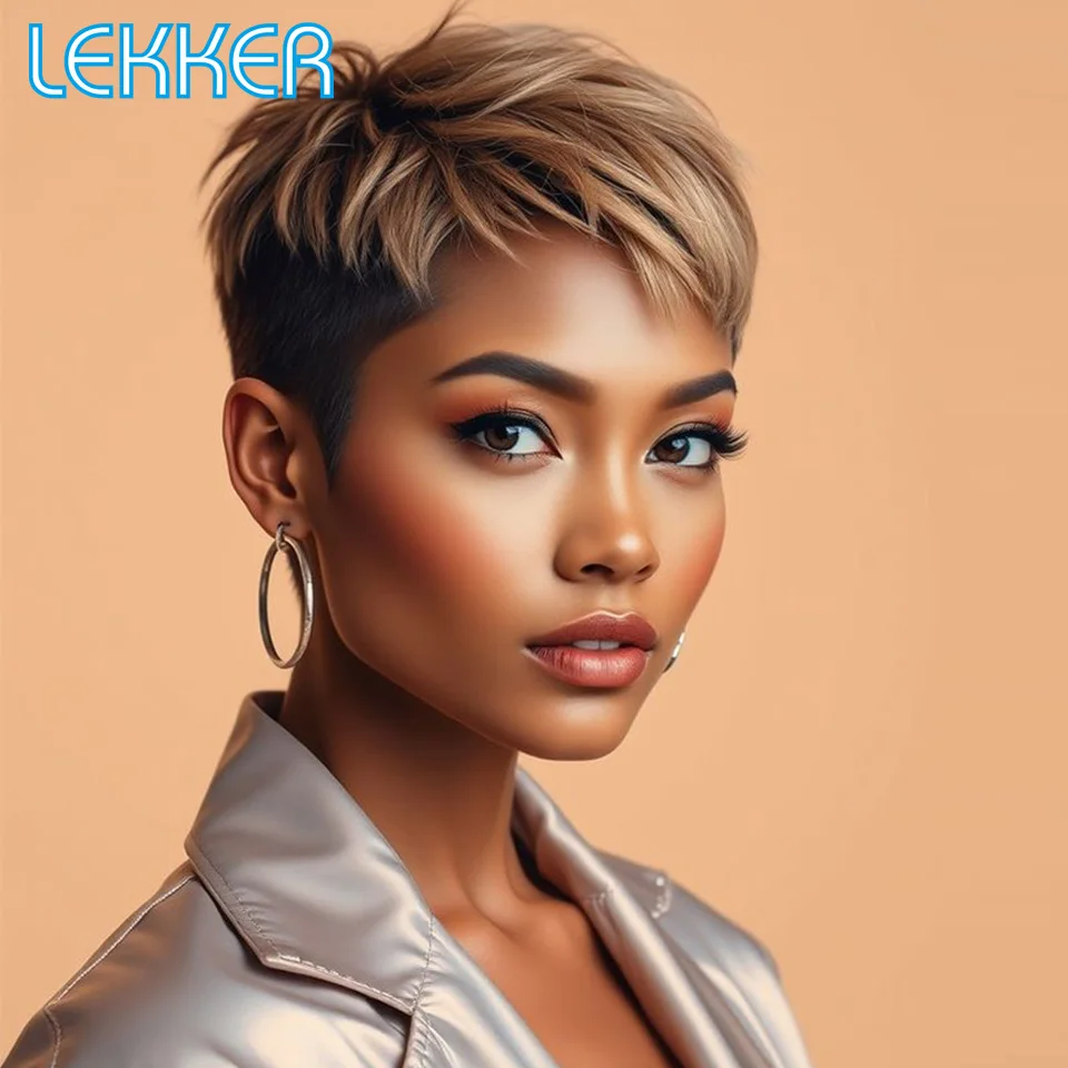Lekker Highlight Blonde Short Pixie Cut Straight 100% Human Hair Wigs ...