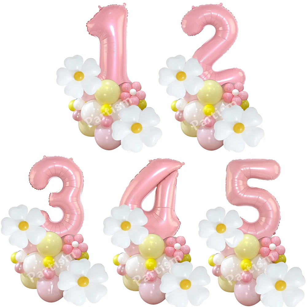 36pcs/set Daisy Flower Balloons Tower 32inch Pink Number Balloon for ...