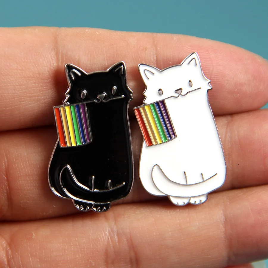 Black and White Rainbow Cat Brooches Tabby Cat Lapel Pins Kitty Badges ...