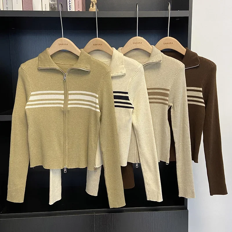 Women-Cardigan-Zipper-Turn-down-Collar-Striped-Screw-Thread-Almighty ...