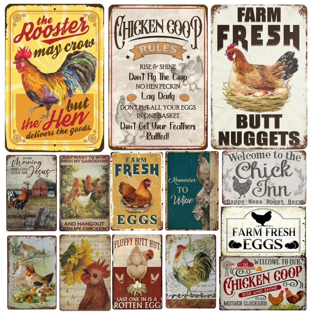 Decor Retro Crest Chicken Coop Country Cottage Eggs Market Rooster Tin ...