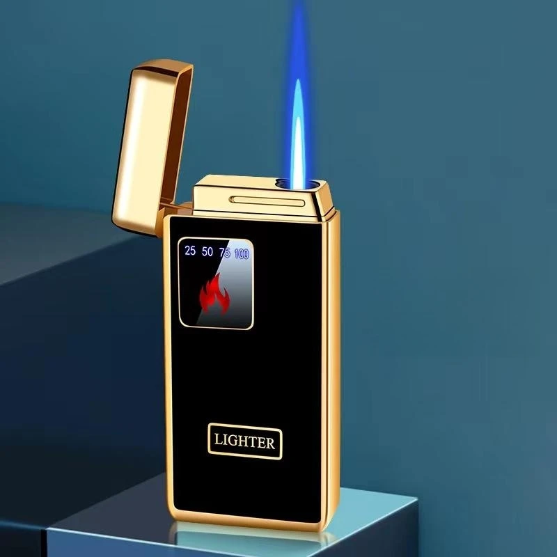 Metal-Windproof-Blue-Flame-Butane-Gas-Lighter-Digital-Battery-Display ...