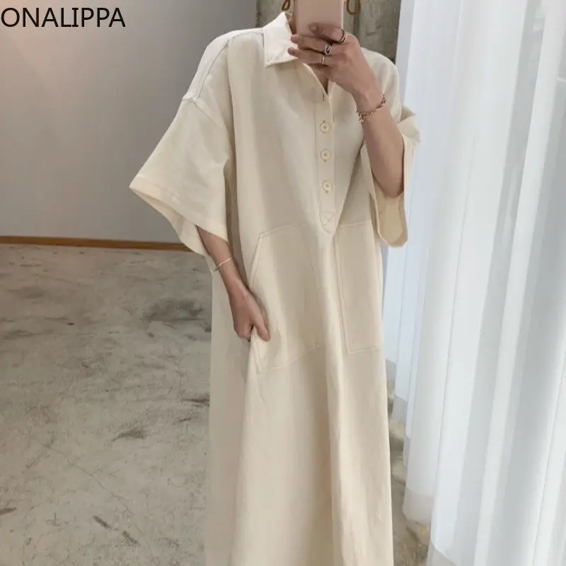 Onalippa-Slouchy-Style-Open-Line-Big-Pockets-Long-Dress-Turn-Down ...
