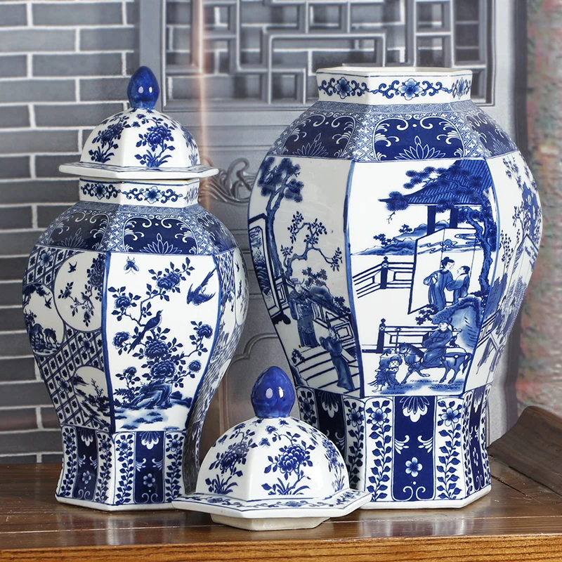 Chinese-Style-Flower-Vase-Blue-And-White-Ceramic-General-s-Jar-Six ...